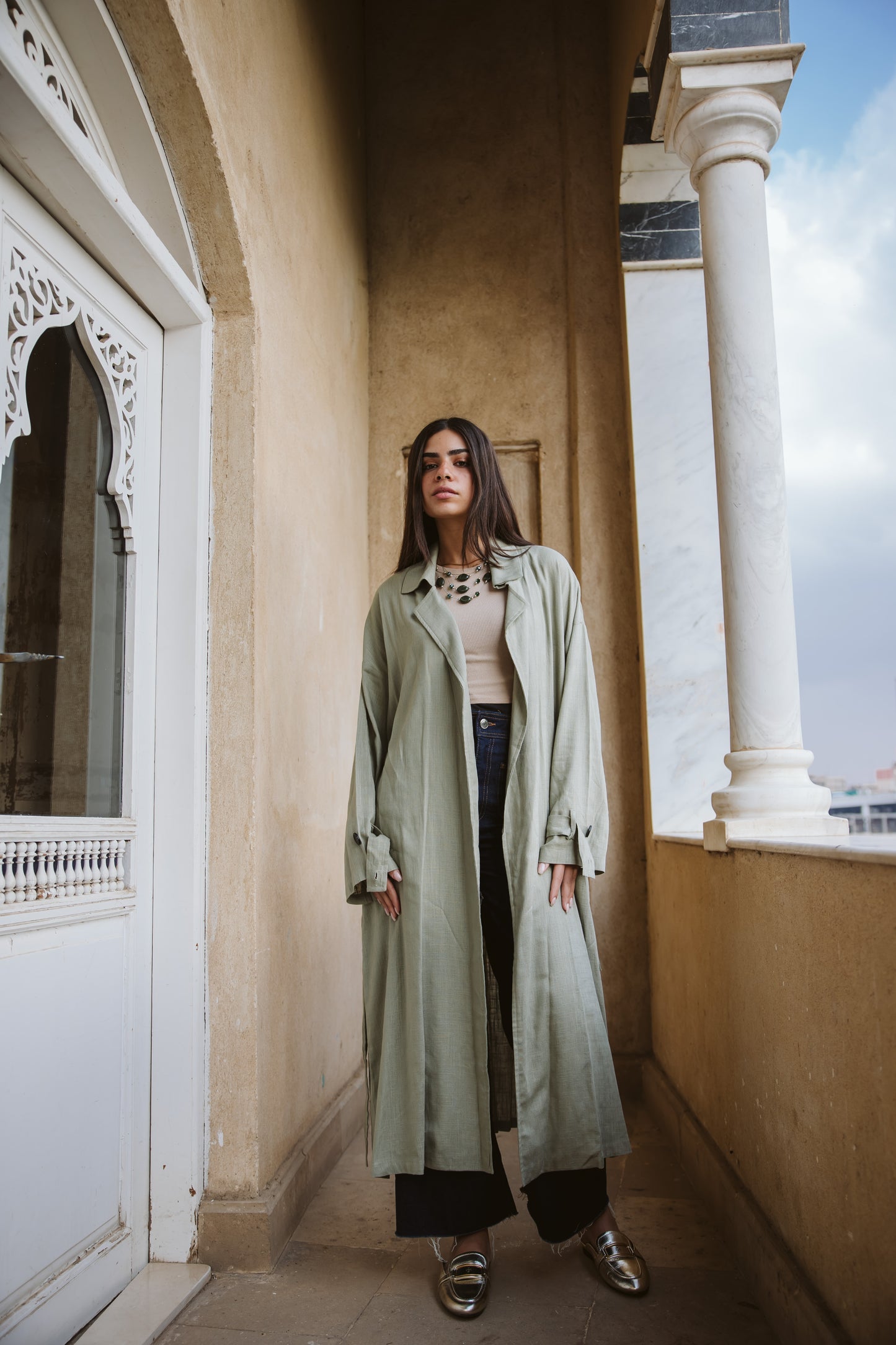 Linen trench coat in Olive – OBI boutique