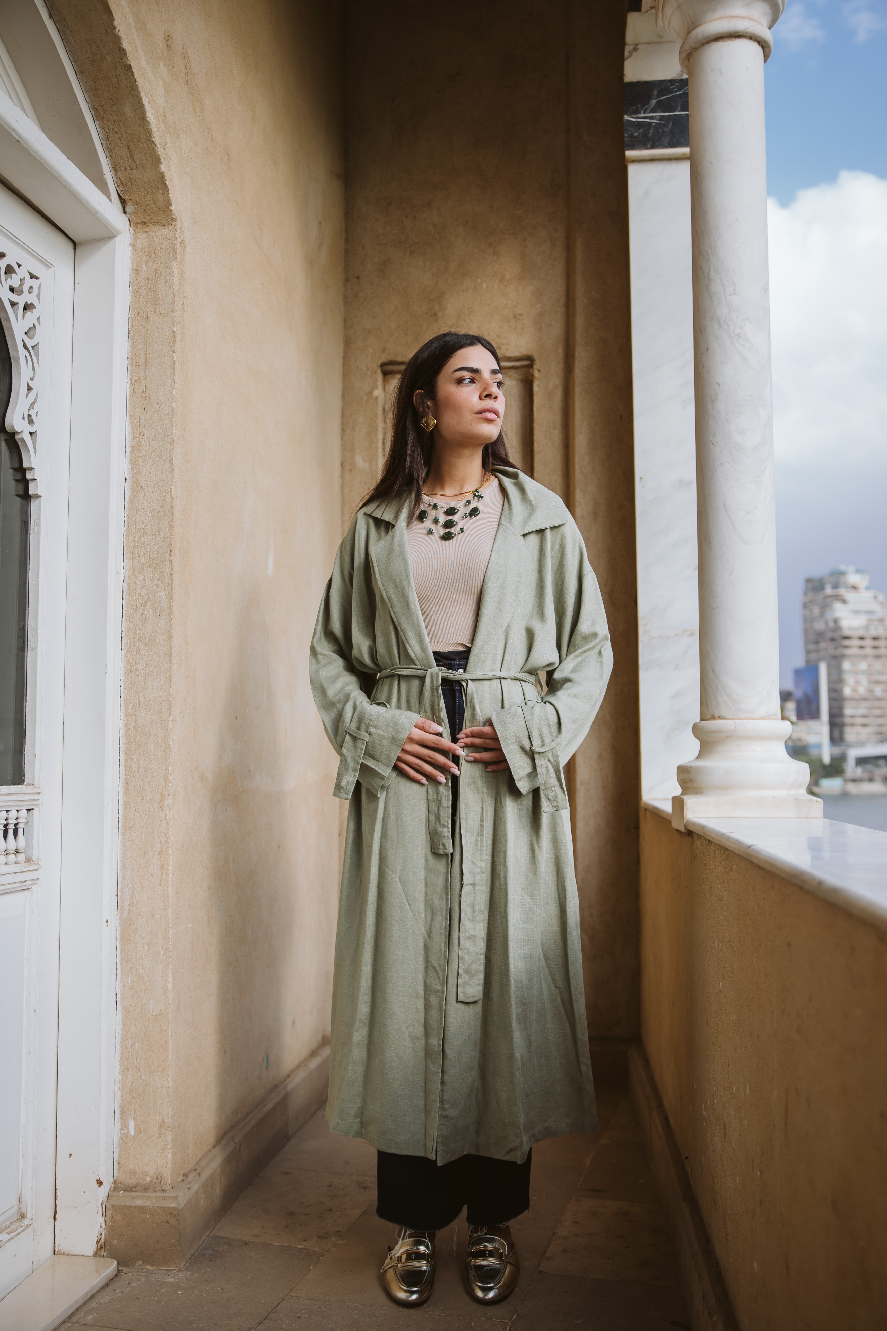 Linen trench coat in Olive – OBI boutique