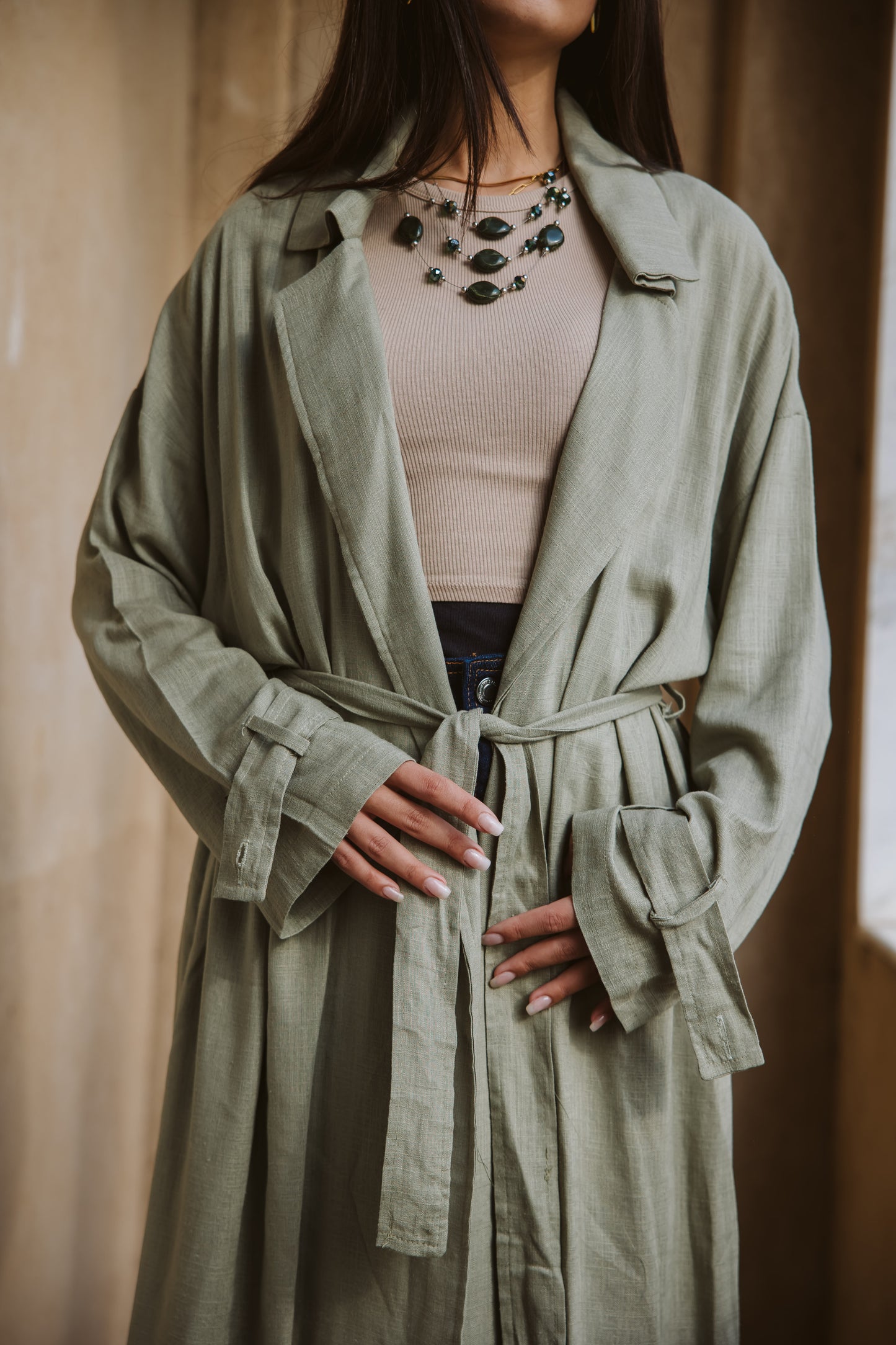 Linen trench coat in Olive – OBI boutique